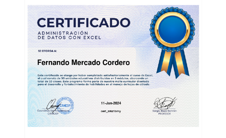 Certificate of Completion For t1 Gestion de Datos Con Excel | PDF