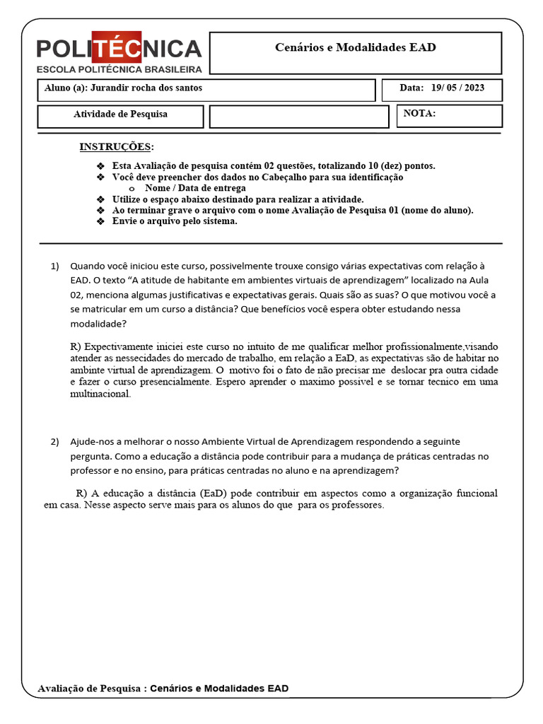Atividade de Pesquisa Modalidade EaD | PDF | Carreira e Crescimento ... Atividade de Pesquisa Modalidade EaD | PDF | Carreira e Crescimento ...