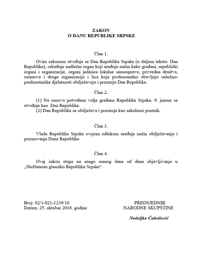 Zakon o Danu Republike Srpske | PDF
