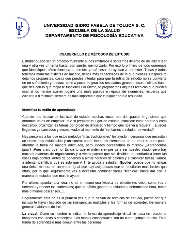 Cuadernillo Técnicas de Estudio | Descargar gratis PDF | Memoria | Aprendizaje