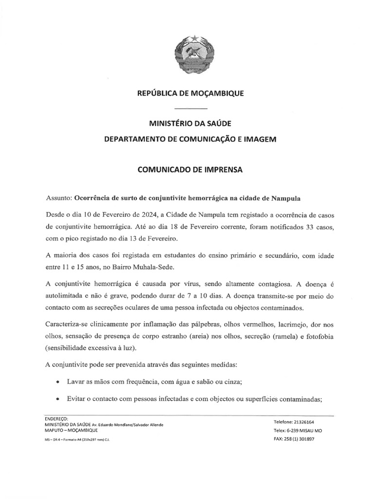 COMUNICADO DE IMPRENSA (Ocorrência de Surto de Conjuntivite Hemorrágica Na Cidade de Nampula) VF ...