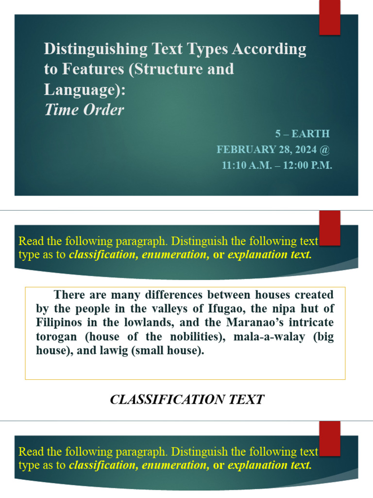 Q3W4 Distinguish Text Types According To Features Time Order Sequence Recount Process | PDF ...