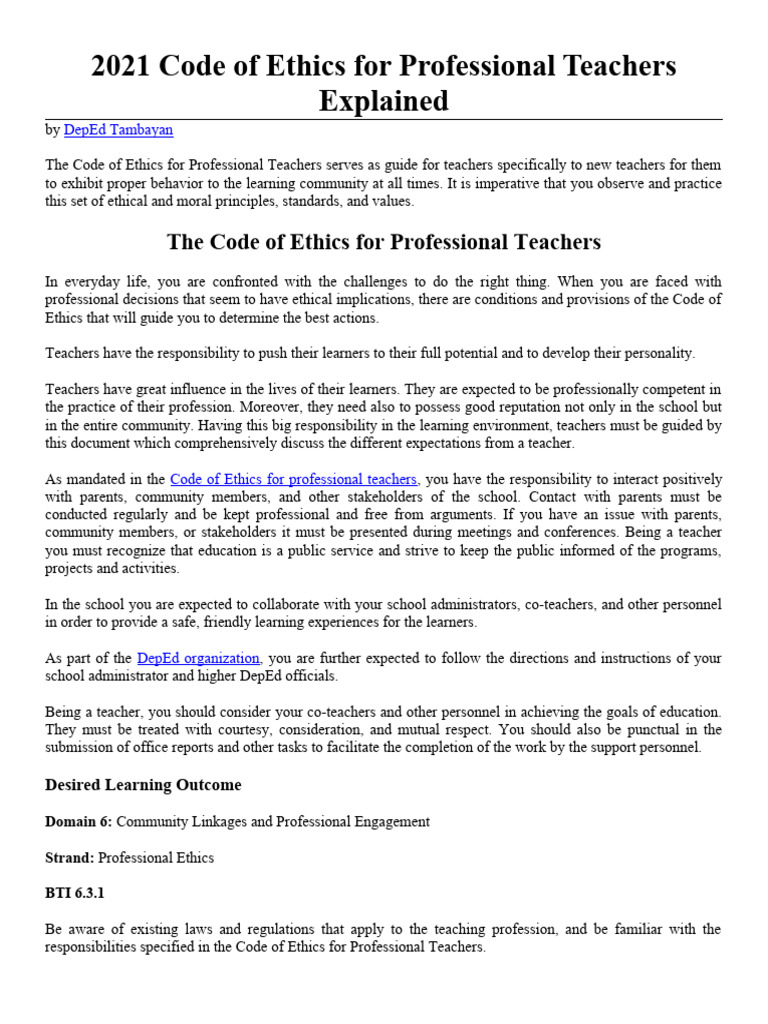 2021 Code of Ethics For Professional Teachers Explained | PDF 2021 Code of Ethics For Professional Teachers Explained | PDF