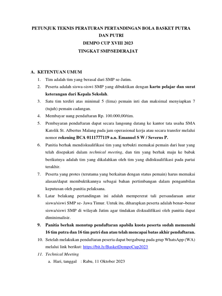 Aturan Pertandingan Dempo Cup 2023 SMP | PDF