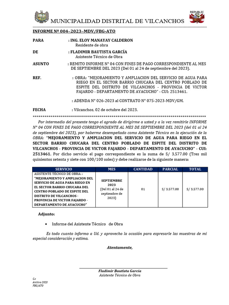 INFORME #004 Asistente de Obra | PDF