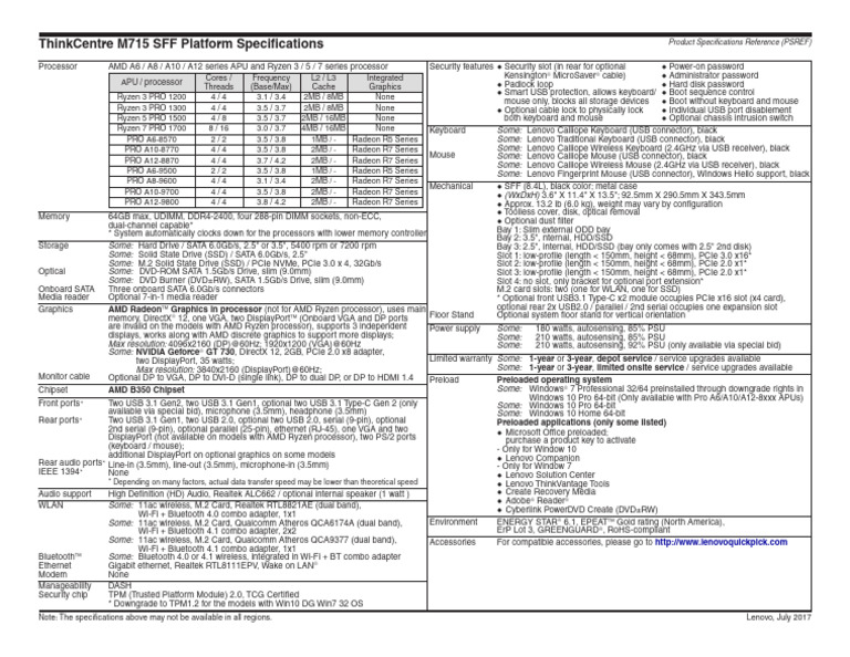 ThinkCentre M715 SFF Spec | PDF | Solid State Drive | Usb
