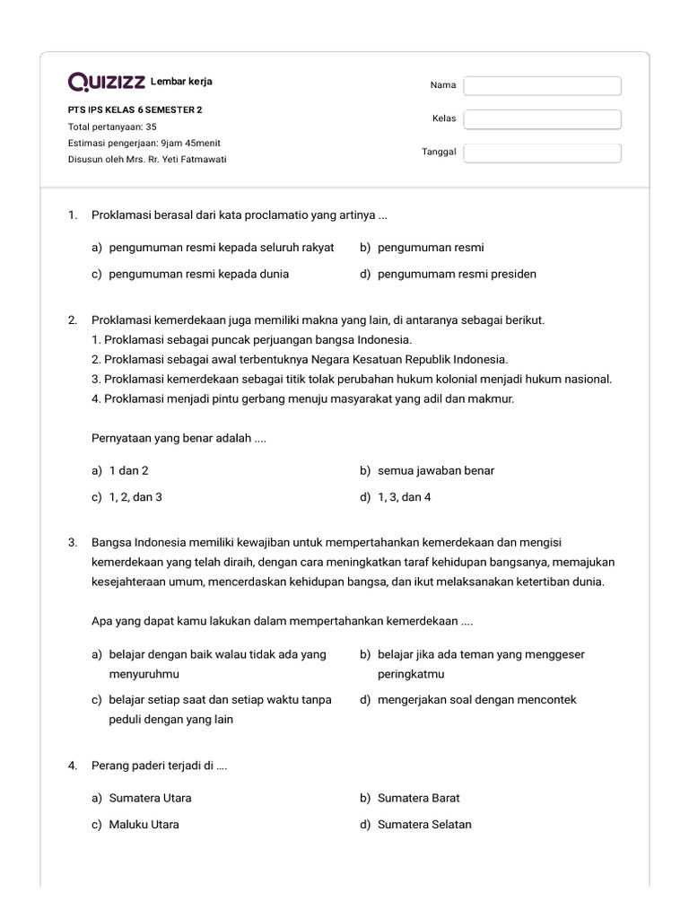 Pts Ips Kelas 6 Semester 2 - Quizizz | PDF | Politik