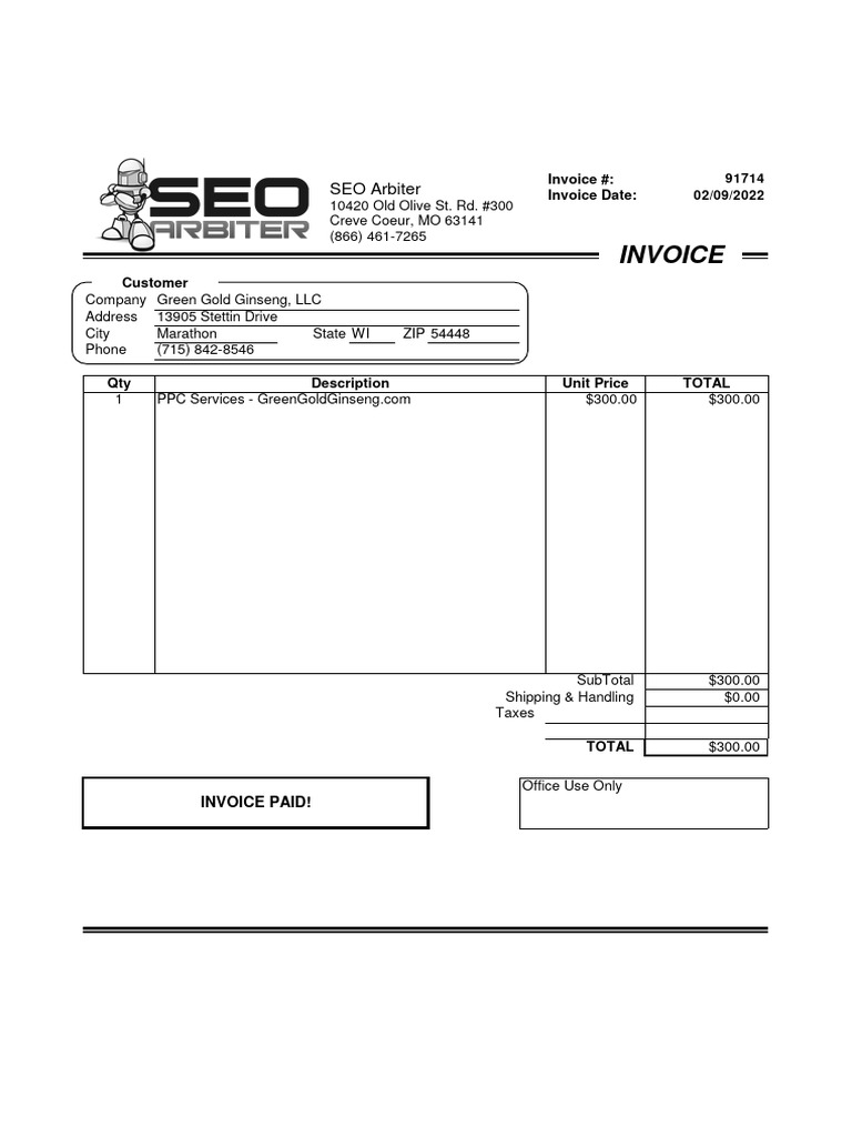 SEO Arbiter Invoice Receipt - Green Gold Ginseng, LLC - September 2022 ...