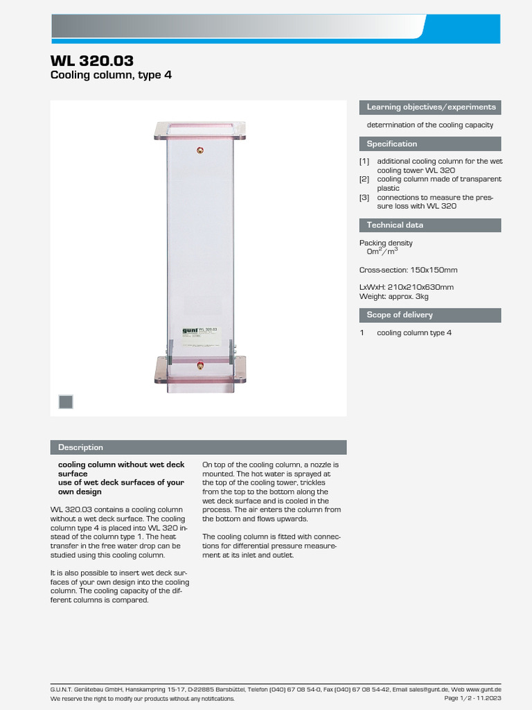 WL 320.03 Cooling Column Type 4 Gunt 1499 PDF - 1 - en GB | PDF ...
