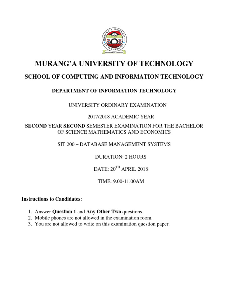SIT 200 Database Management Exam 2018 | PDF | Databases | Relational Model