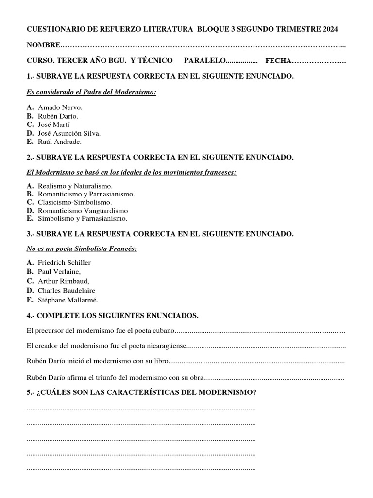 Cuestionario de Refuerzo Tercero Bgu Bloque 3 | PDF | Simbolismo (Artes ...