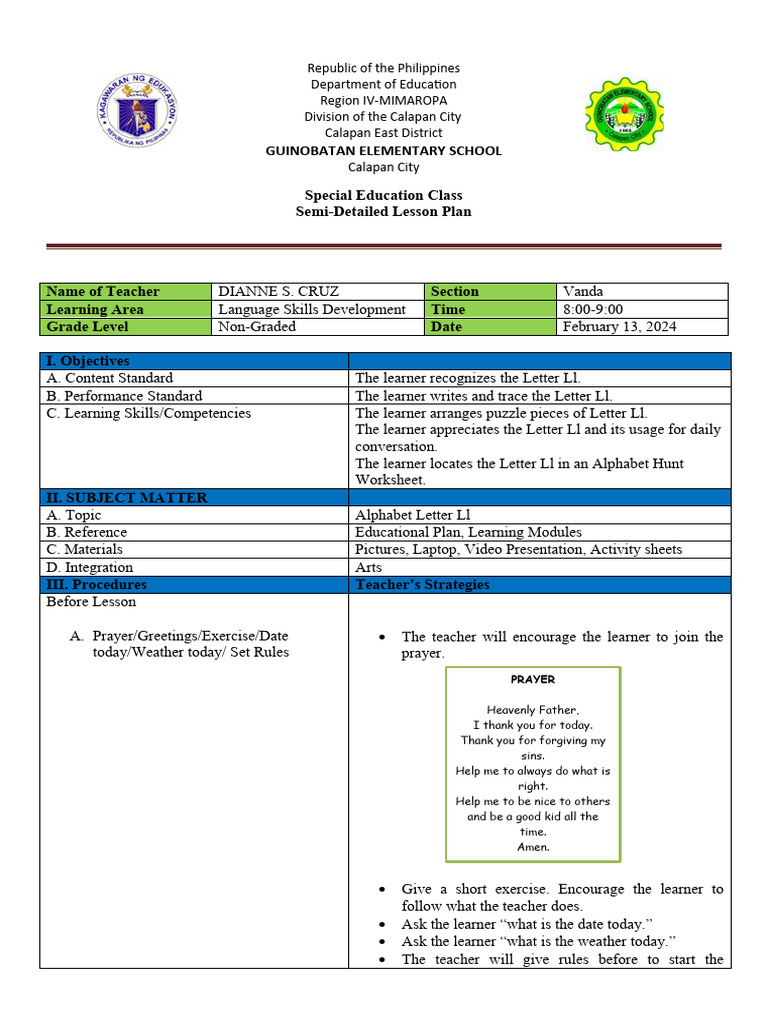 Detailed Lesson Plan Letter LL | PDF | Lesson Plan | Learning