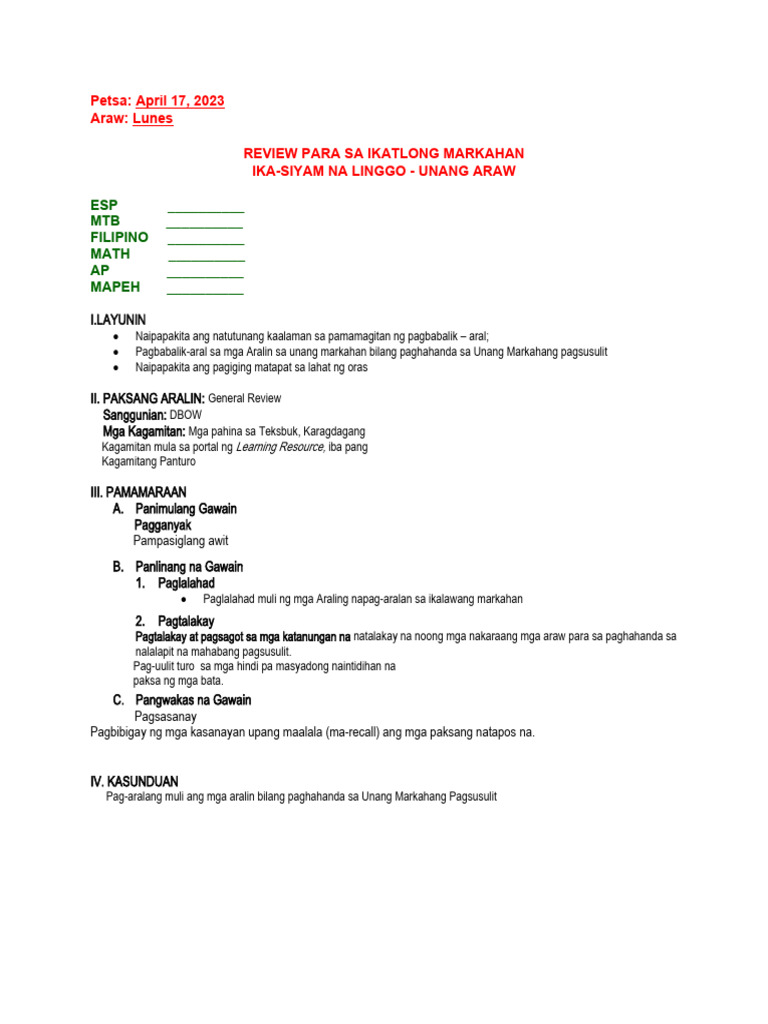 3rd QTR Review Lesson Plan | PDF