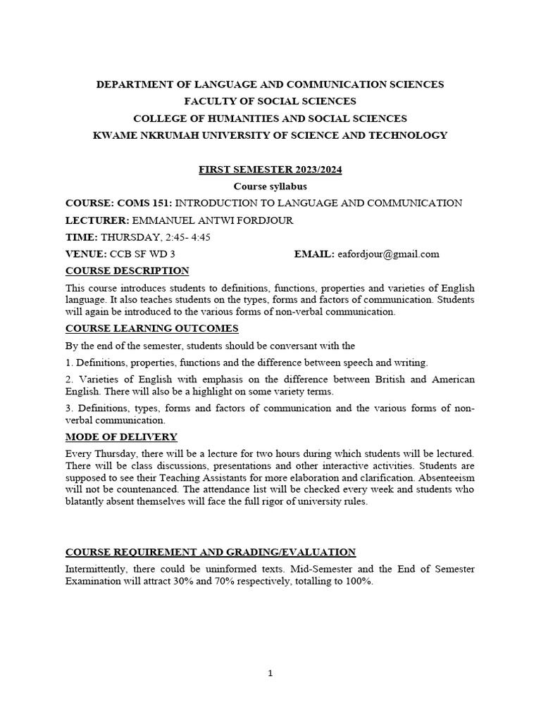 Course Outline For Lang &com. | PDF | Communication | Cognitive Science