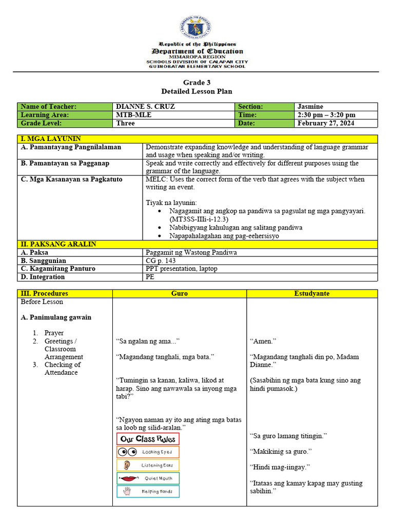 Detailed Lesson Plan - Paggamit NG Pandiwa | PDF