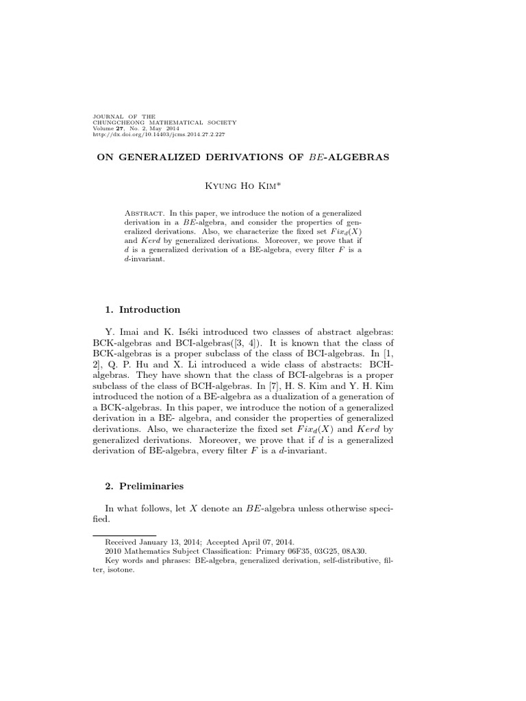 This Is About Generalized Derivation BE-algebras | PDF | Theorem | Mathematical Proof