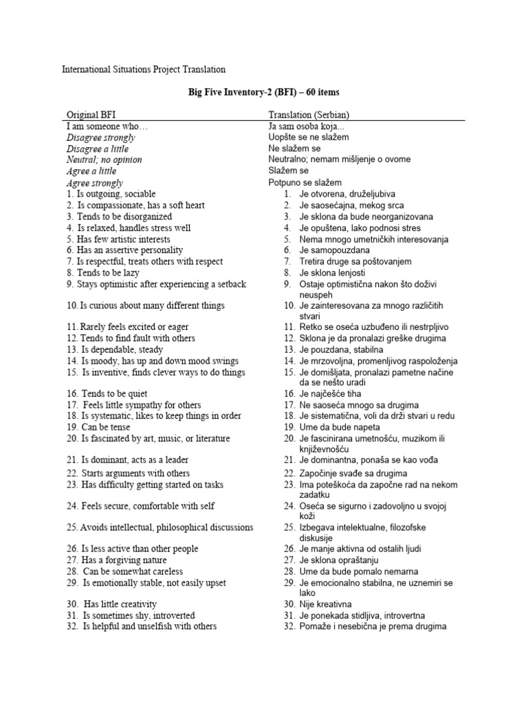 Big Five Inventory-2 (Serbian) | PDF | Psychology | Psychological Concepts