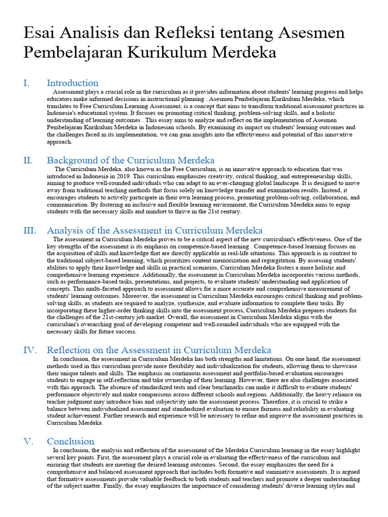 Esai Analisis Dan Refleksi Tentang Asesmen Pembelajaran Kurikulum ...