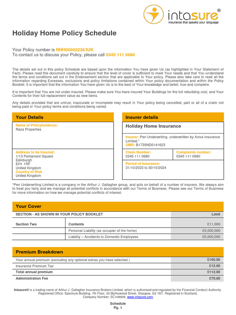 (#1717034755) Intasure Holiday Homes Schedule | PDF | Insurance ...