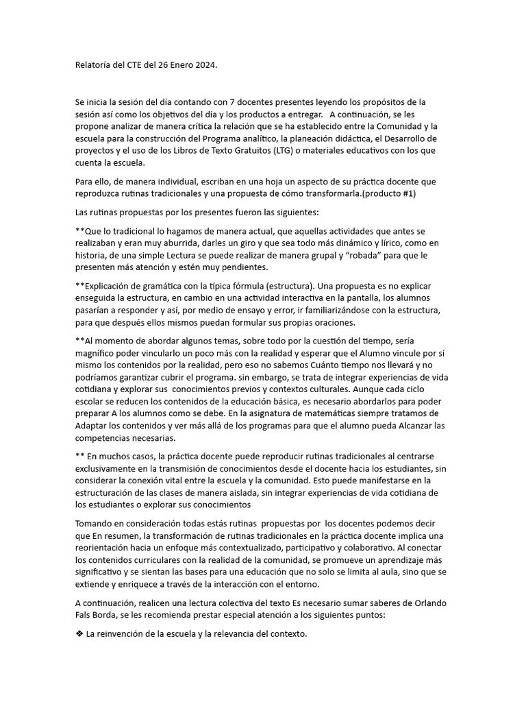 Relatoría CTE 26 Enero 2024 | PDF | Aprendizaje | Enseñando