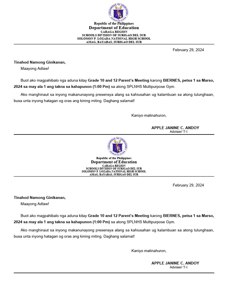 Notice Letter For PTA Meeting Multiple 1 | PDF