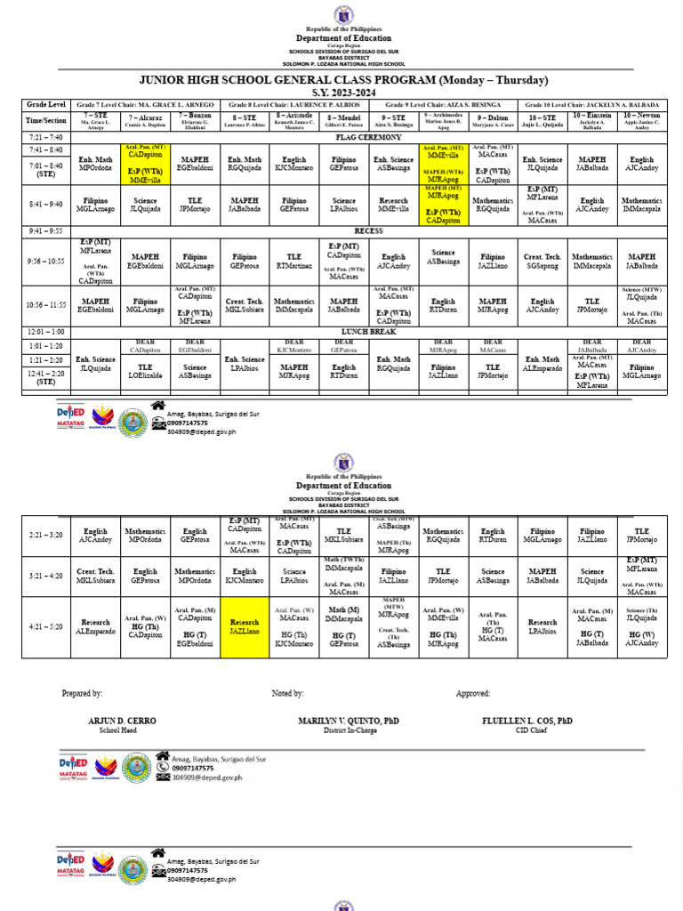 Corrected Revised JHS SHS Class Program | PDF | Science