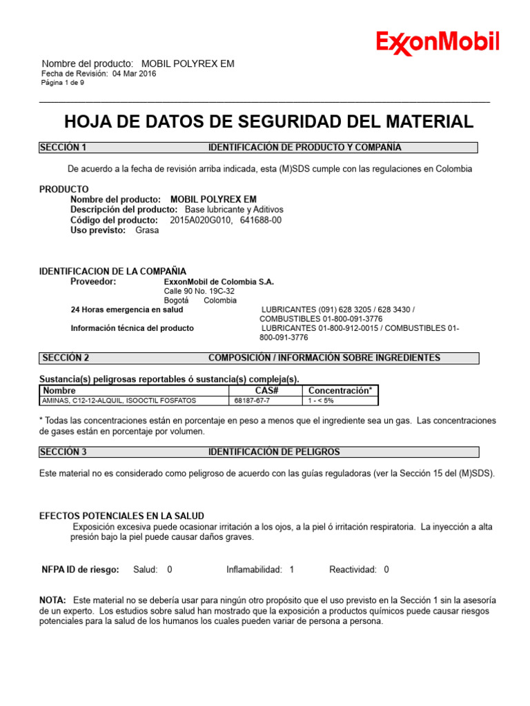 Hoja de Seguridad Grasa Mobil-Polyrex-Em | Descargar gratis PDF | Agua ...