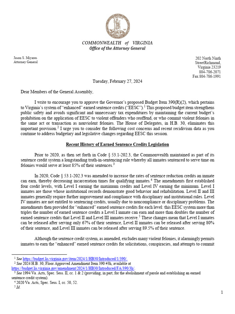 AG Miyares Letter To General Assembly 2.27.24 | PDF | Recidivism | Parole AG Miyares Letter To General Assembly 2.27.24 | PDF | Recidivism | Parole