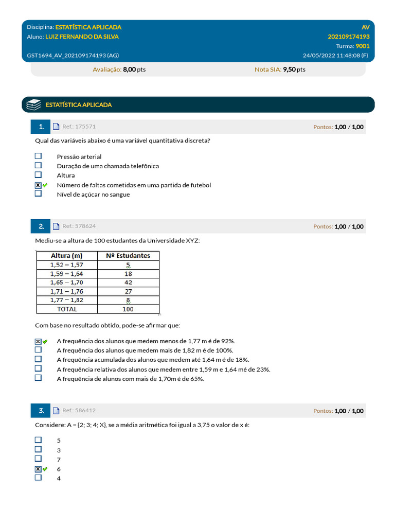 Avaliação de Estatística Aplicada 2022 | PDF | Intervalo de confiança ...