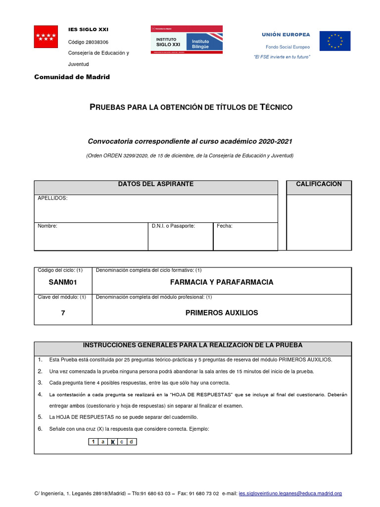 PRIMEROS AUXILIOS Examen PPLL FCIA 2020-21 SIGLO XXI | PDF ...