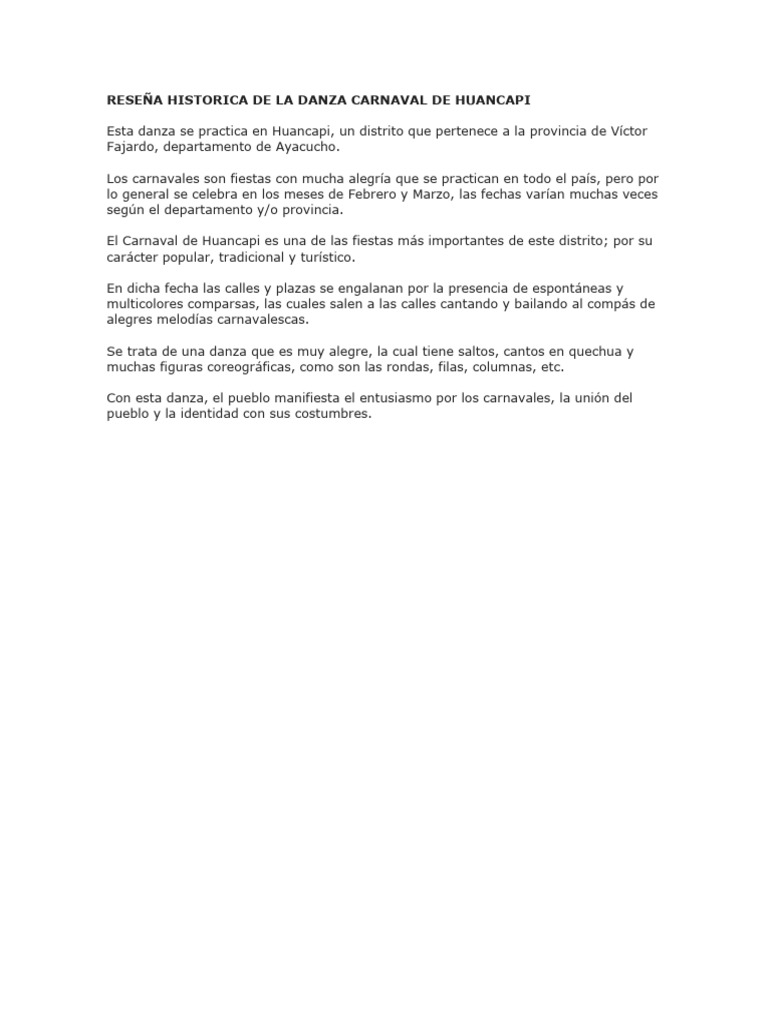 Reseña Historica de La Danza Carnaval de Huancapi | PDF