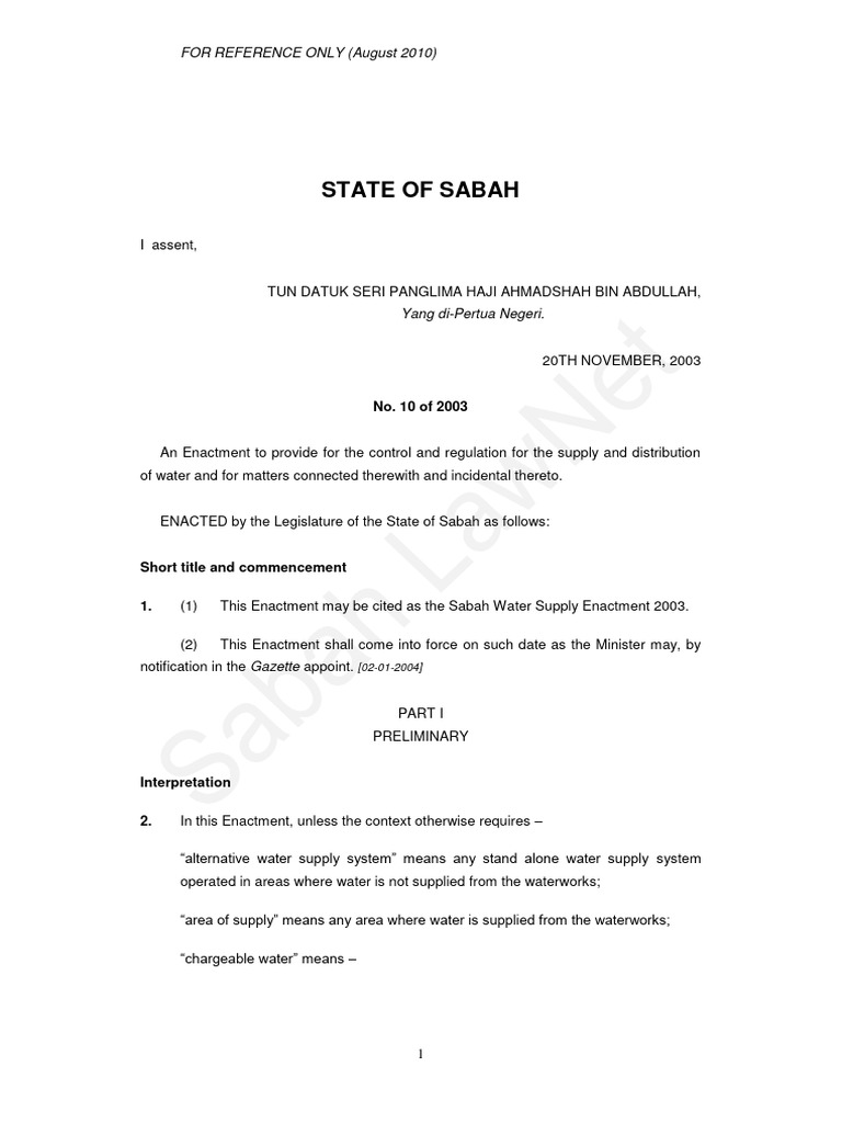 Sabah Water Supply Enactment 2003 | PDF
