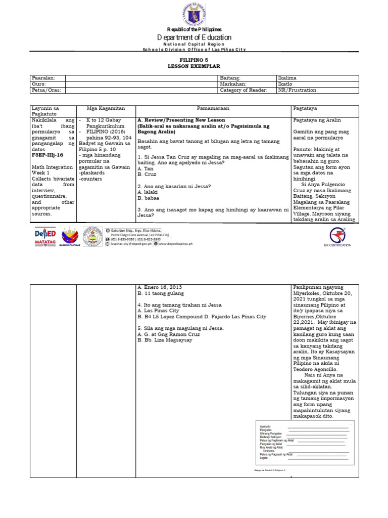 Lesson Exemplar Filipino 5 W8 Non Reader | PDF