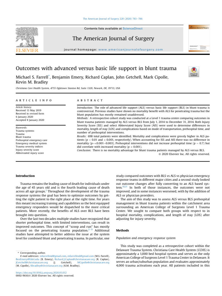 Outcomes With Advanced Versus Basic Life Support in Blunt Trauma ...