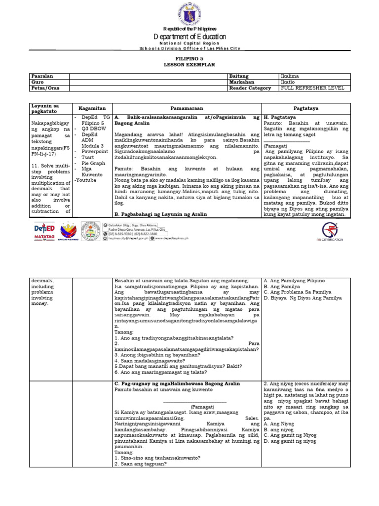LESSON EXEMPLAR FILIPINO 5 W6 NON READER Final Version | PDF