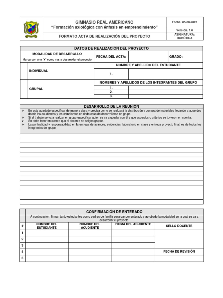 Formato de Acta Proyecto de Rob Tica 2024 | PDF