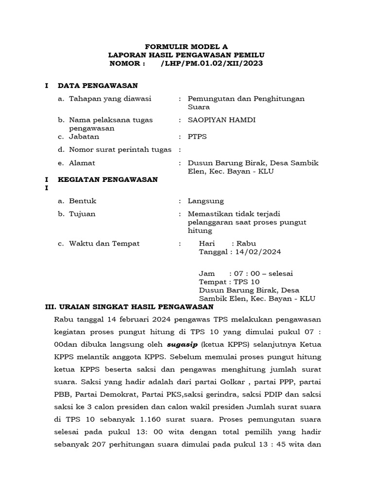 Form Ahir Laporan TPS 10 | PDF