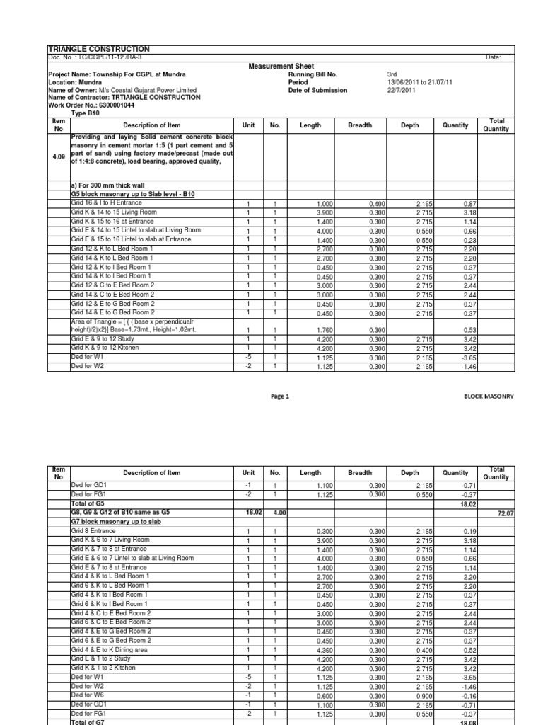 Triangle Construction: Measurement Sheet | PDF | Masonry | Components