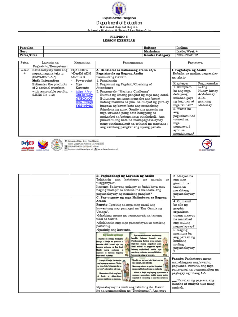Lesson Exemplar Filipino 5 W4 Non Reader | PDF
