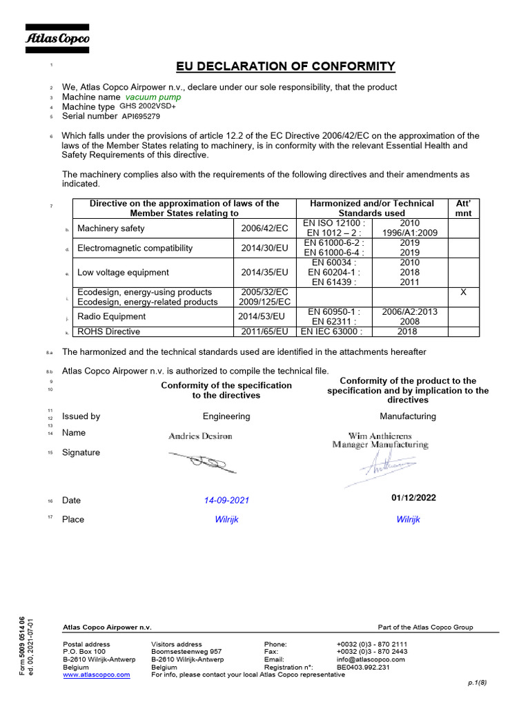 Eu Declaration of Conformity: Vacuum Pump | Download Free PDF | Regulation