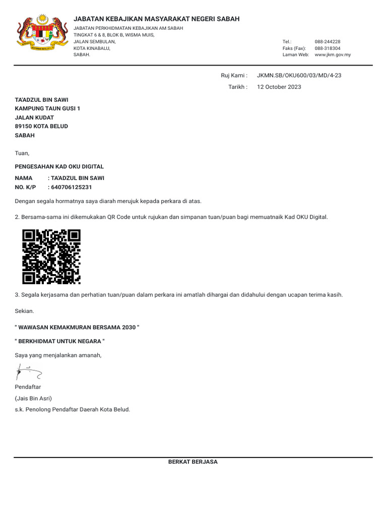 Surat Pengesahan Kad OKU Digital | PDF