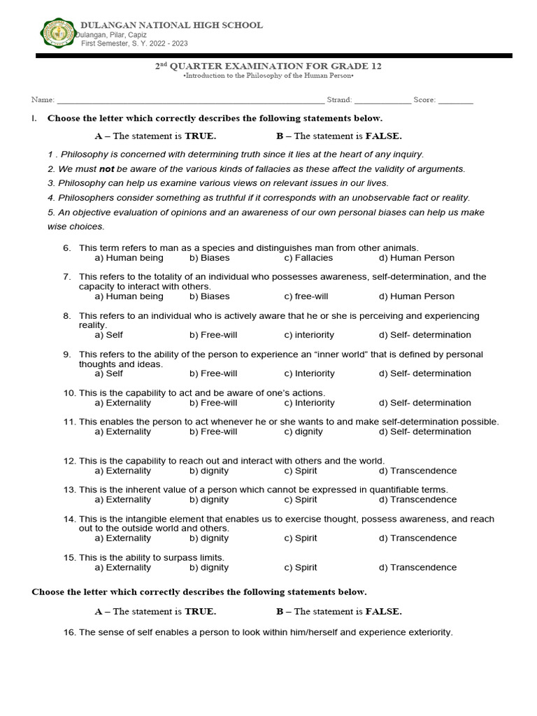 2nd Quarter Exam Philo | PDF | Free Will | Truth