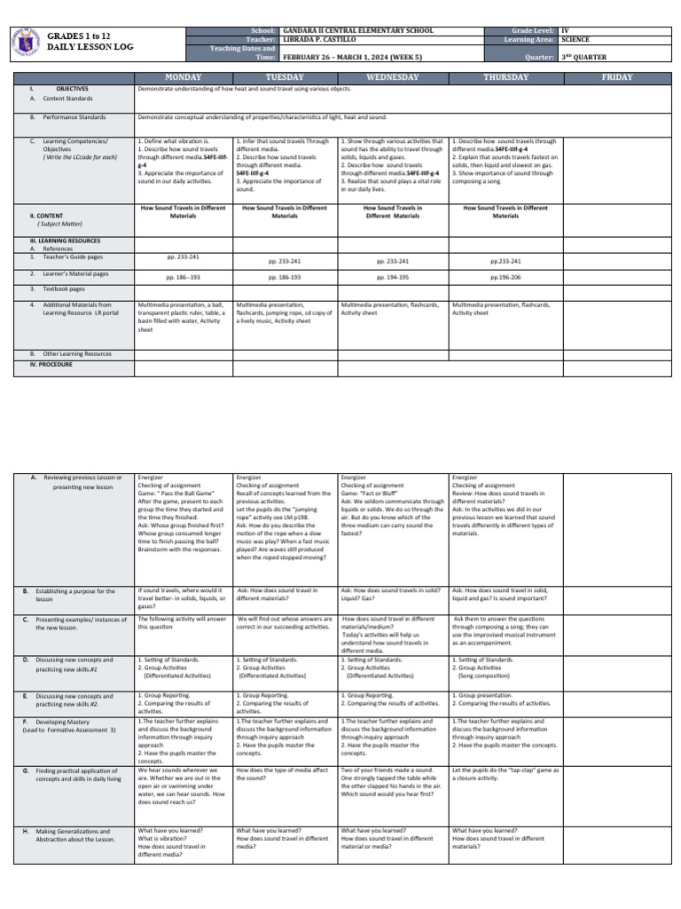 DLL - Science 4 - Q3 - W5 | PDF