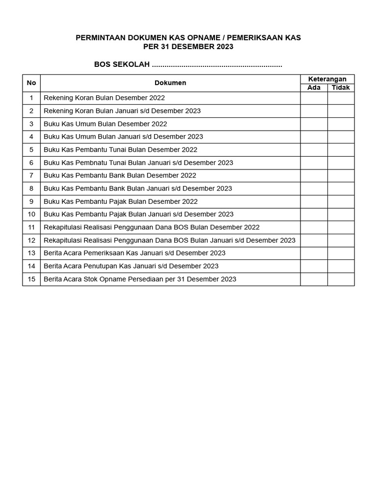 Permintaan Dokumen Pemeriksaan Kas Dan Stok Opname | PDF
