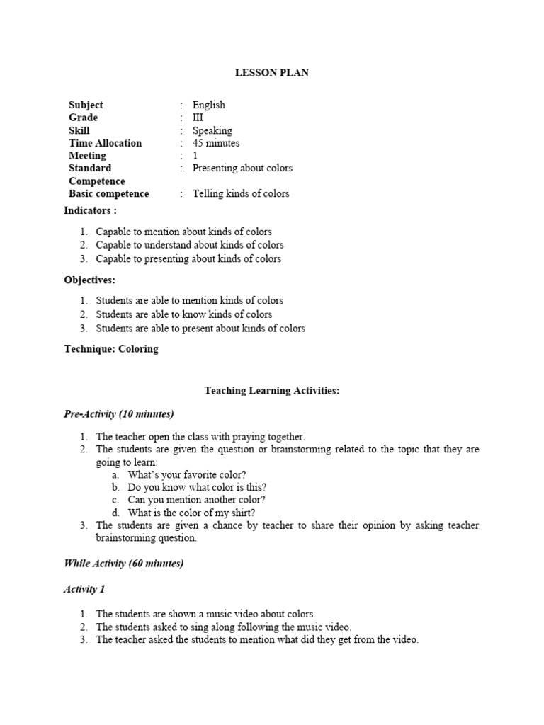Color Lesson Plan | PDF | Color | Teachers