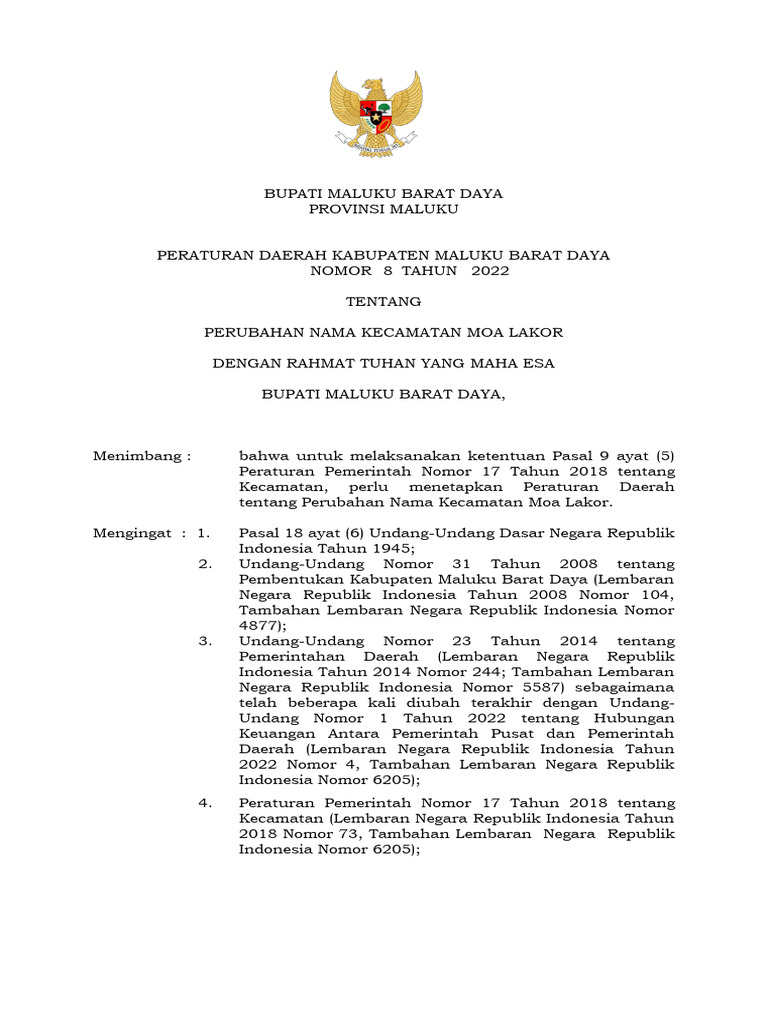 Perda MBD No. 8 Tahun 2022 - Perubahan Nama Kec. Moa Lakor | PDF