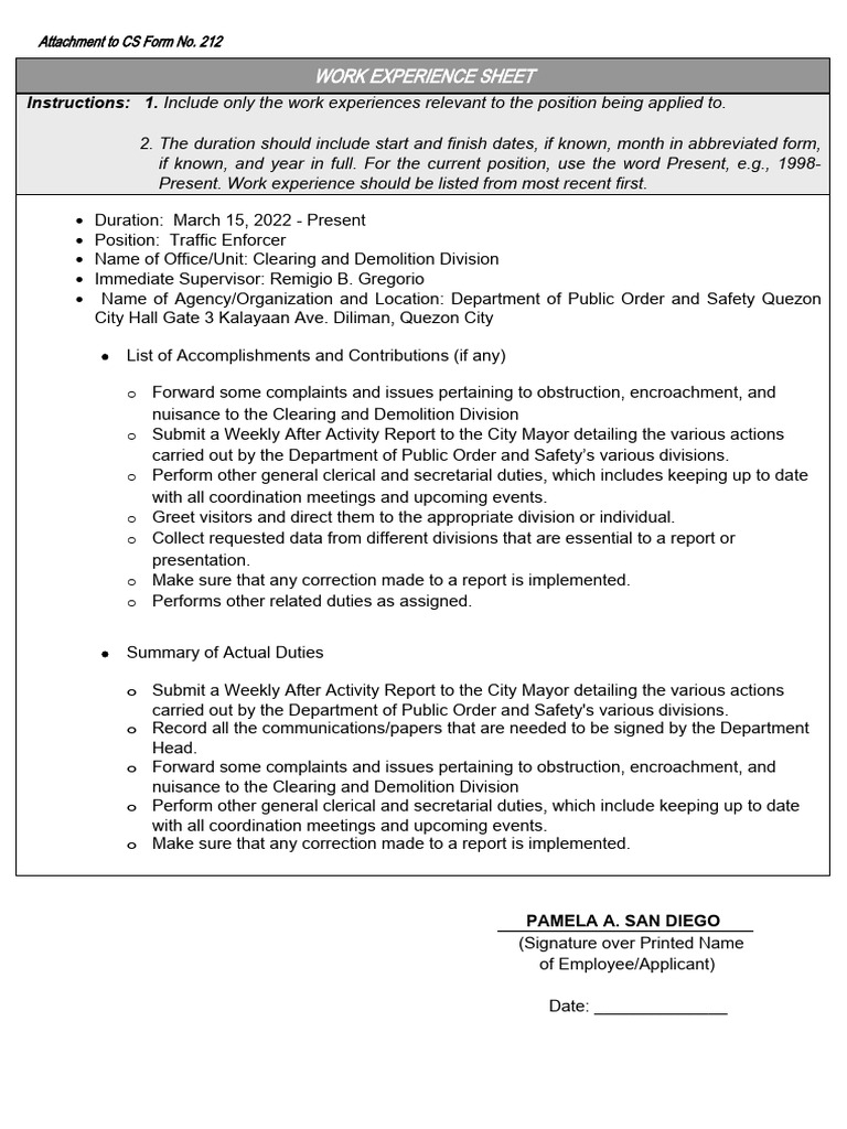 CS Form No. 212 Attachment - Work Experience Sheet | PDF | Government