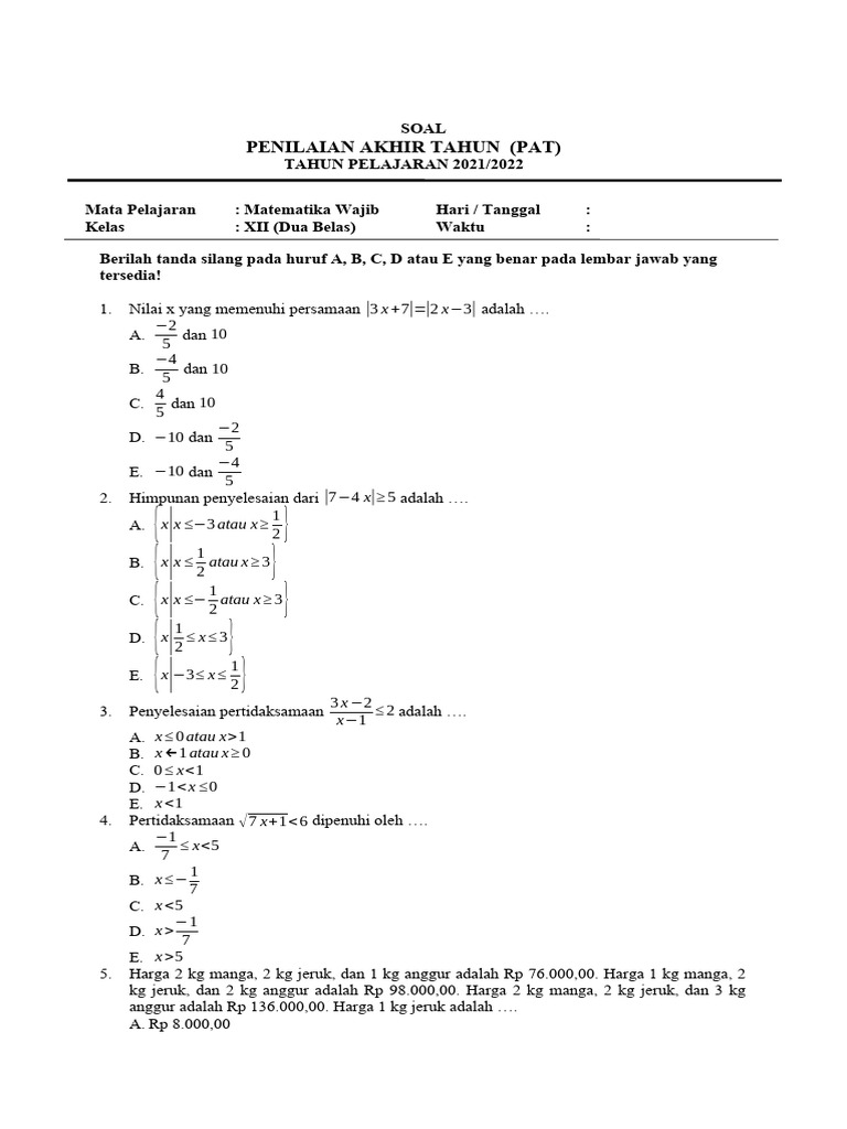 PAS GENAP KLS XII MTK WAJIB | PDF