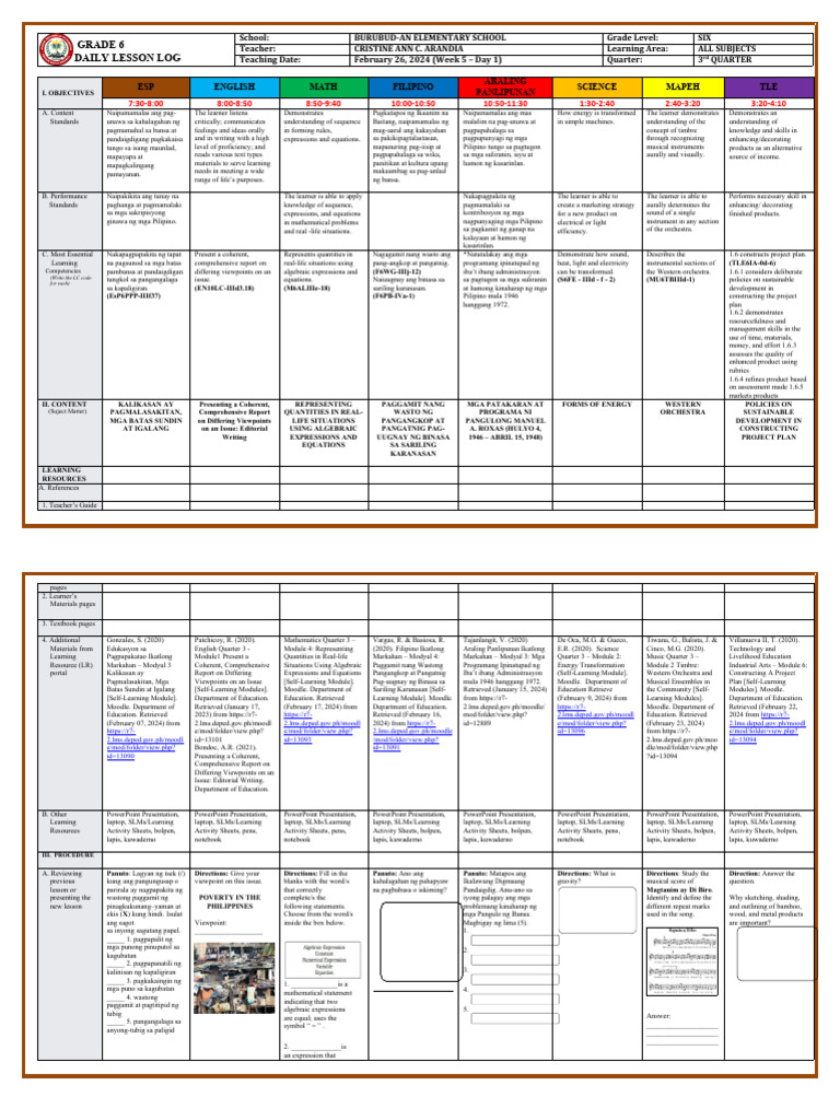 Grade 6 DLP Q3 W5D1 | Download Free PDF | Variable (Mathematics) | Learning