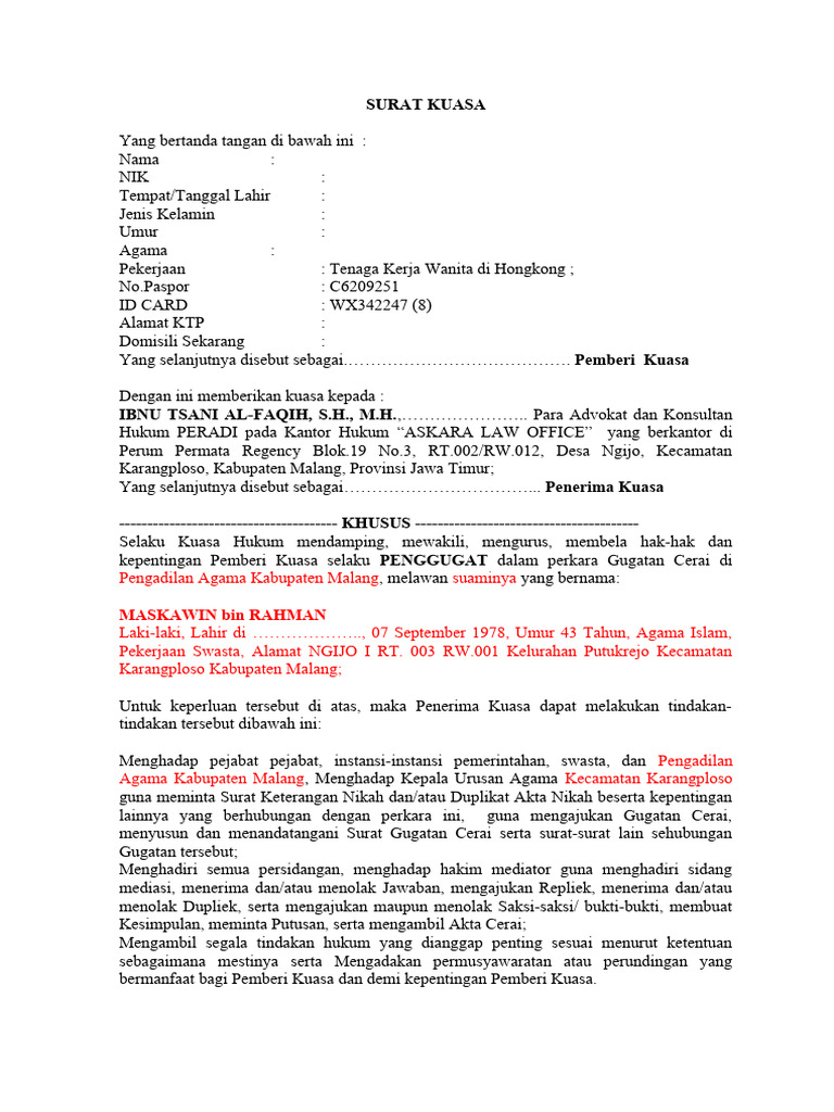 Surat Kuasa Penggugat Perceraian TKI | PDF
